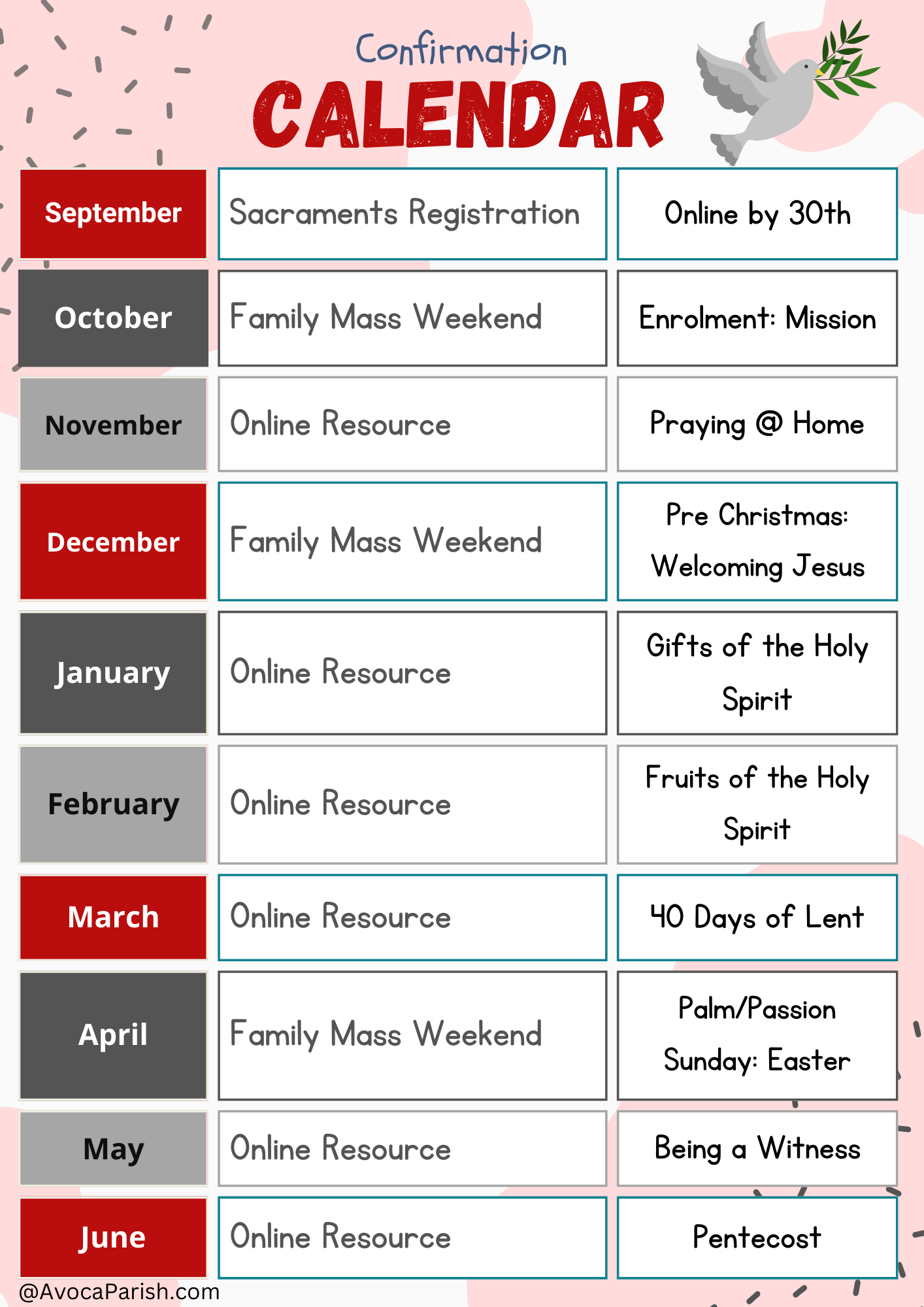 Confirmation Calendar – homepage